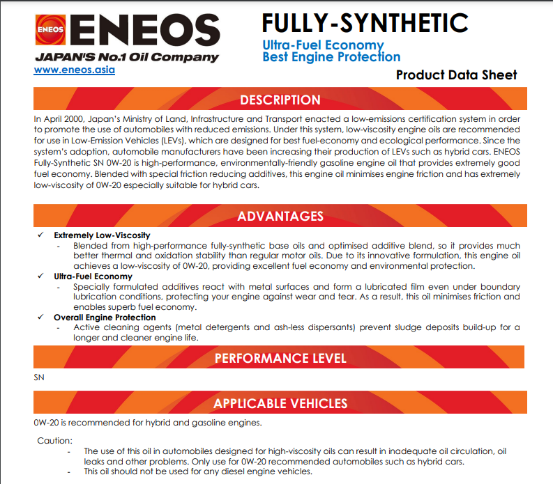 ENEOS ECOSTAGE Fully-Synthetic SN 0W-20
